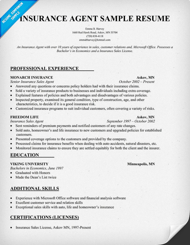 Insurance Agent Resume Sample Resume Companion