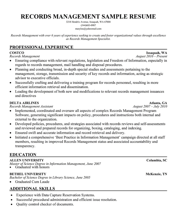 Records Management Skills Resume